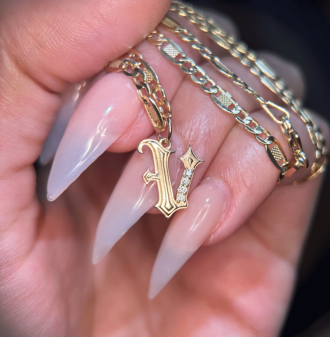 Gothic Initial V Charm, 14k Gold Diamonds Letter Charm, 14k Gold Gothic ...