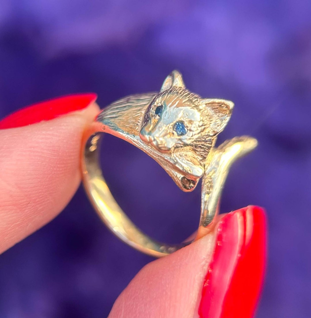 VINTAGE 14k Solid Gold Cat Ring, Estate 14k Gold Kitten Ring, Gold Cat Ring, Vintage Gold Cat ...