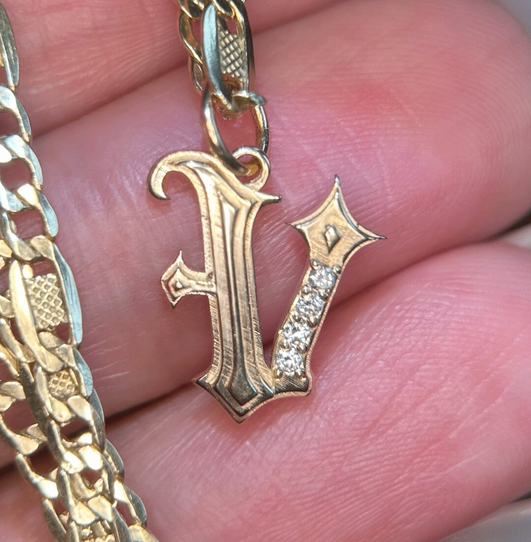 Gothic Initial V Charm, 14k Gold Diamonds Letter Charm, 14k Gold Gothic Letter Charm Pendant ...