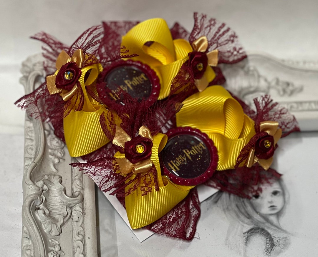 New Girls 2 X 3 Inch Harry Potter Hair Bows Yellow Burgundy Pigtail ...