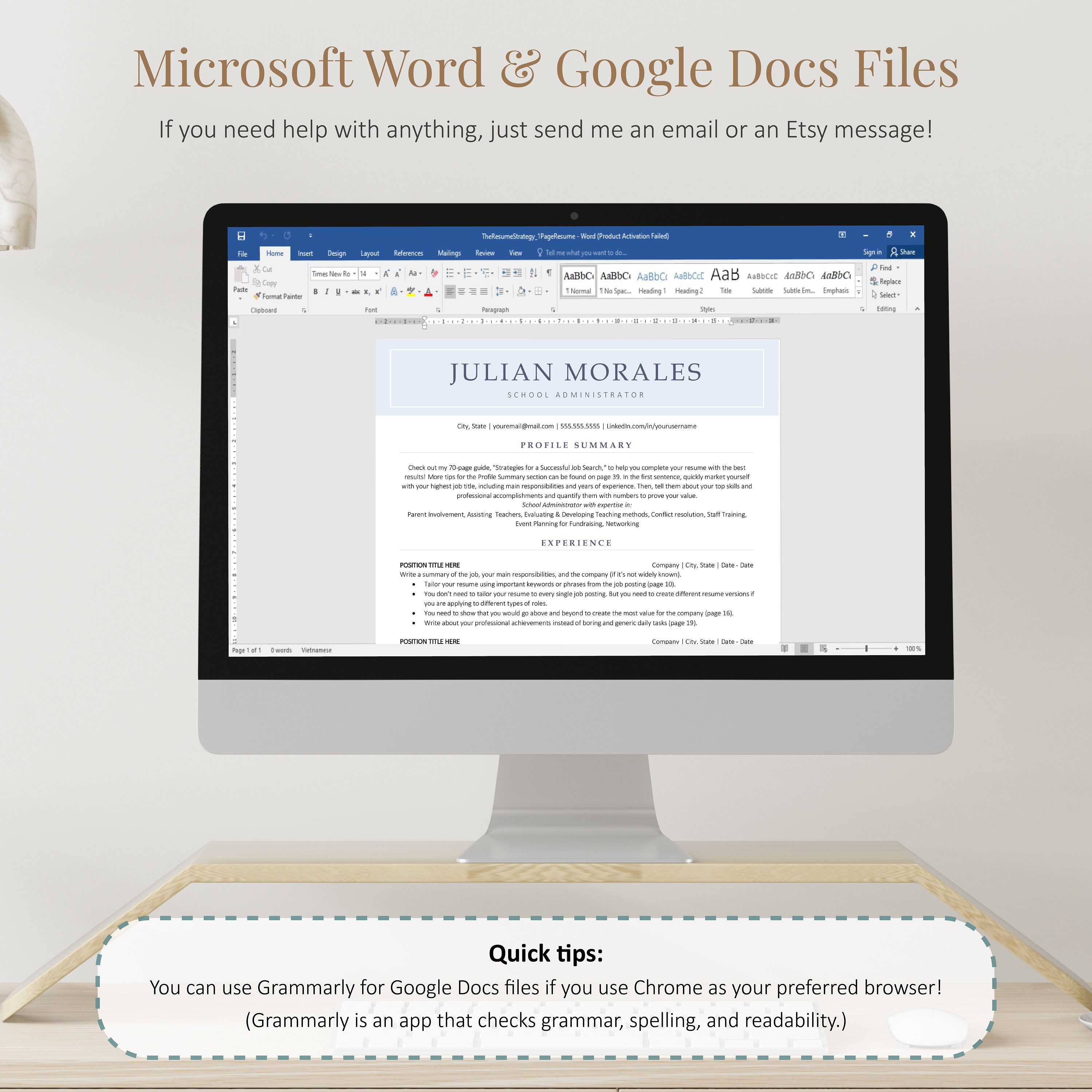 ATS Resume Template Google Docs & Word, School Administrator ...