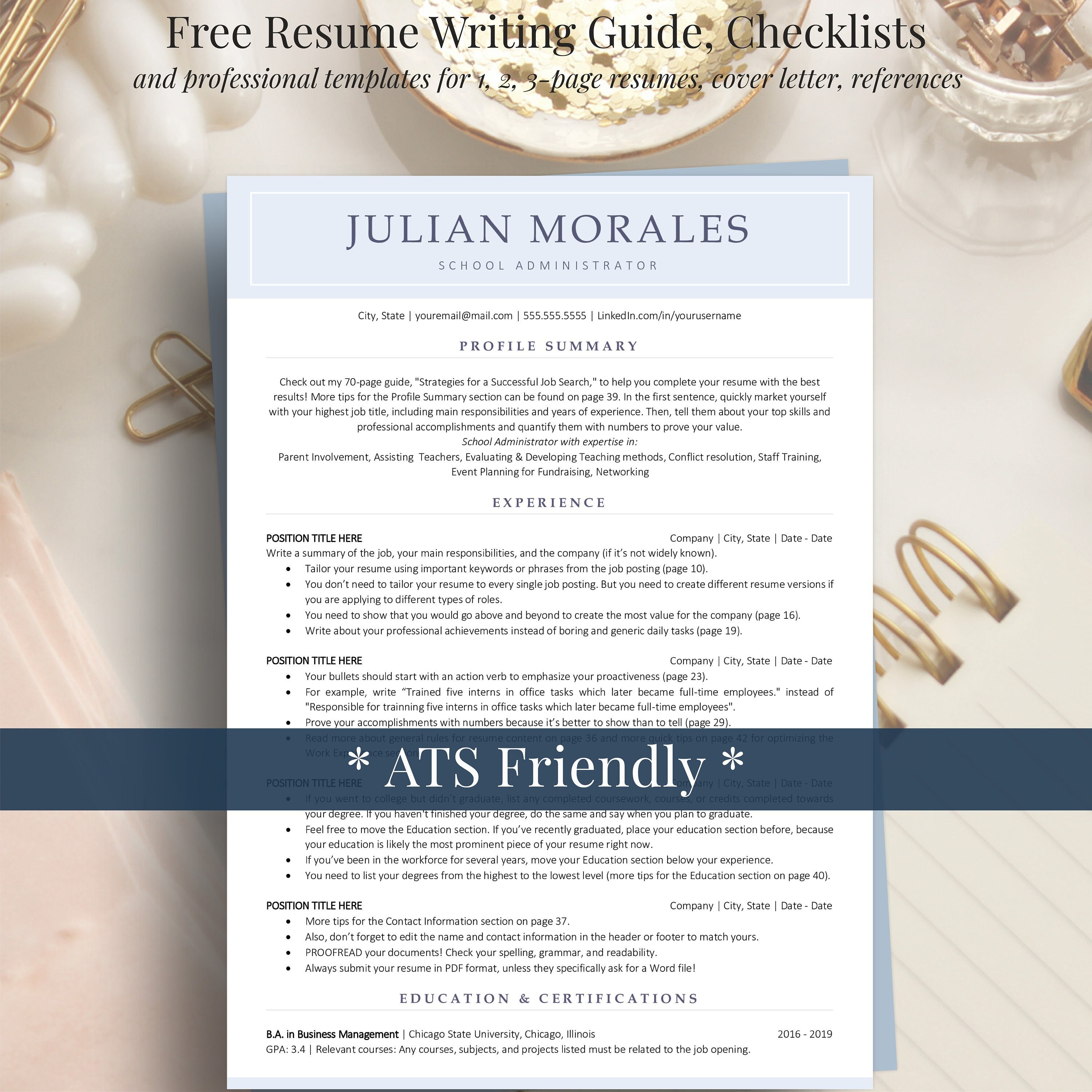 ATS Resume Template Google Docs & Word School Administrator - Etsy