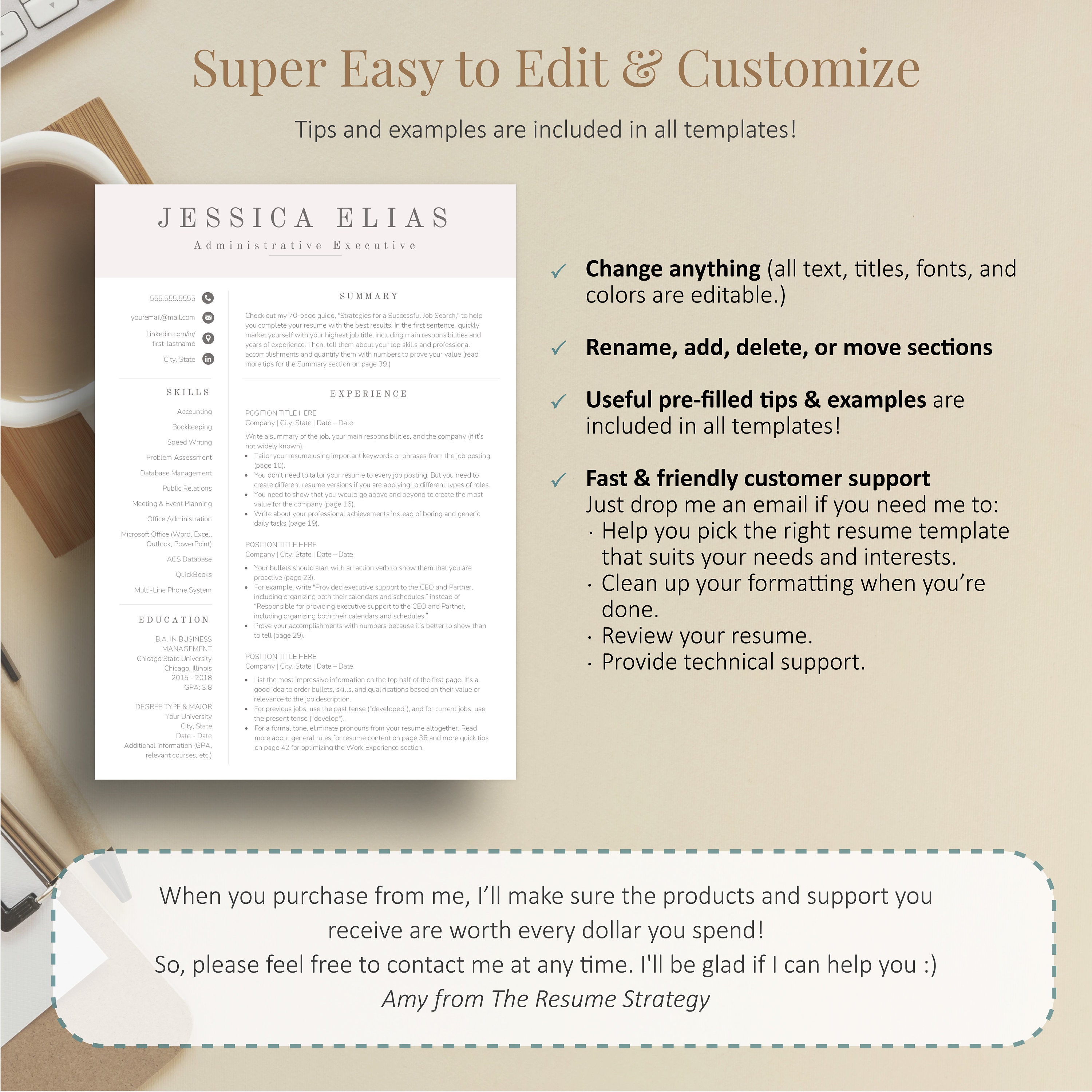 Secretary Resume Template for Word and Google Docs 1 2 & 3 - Etsy