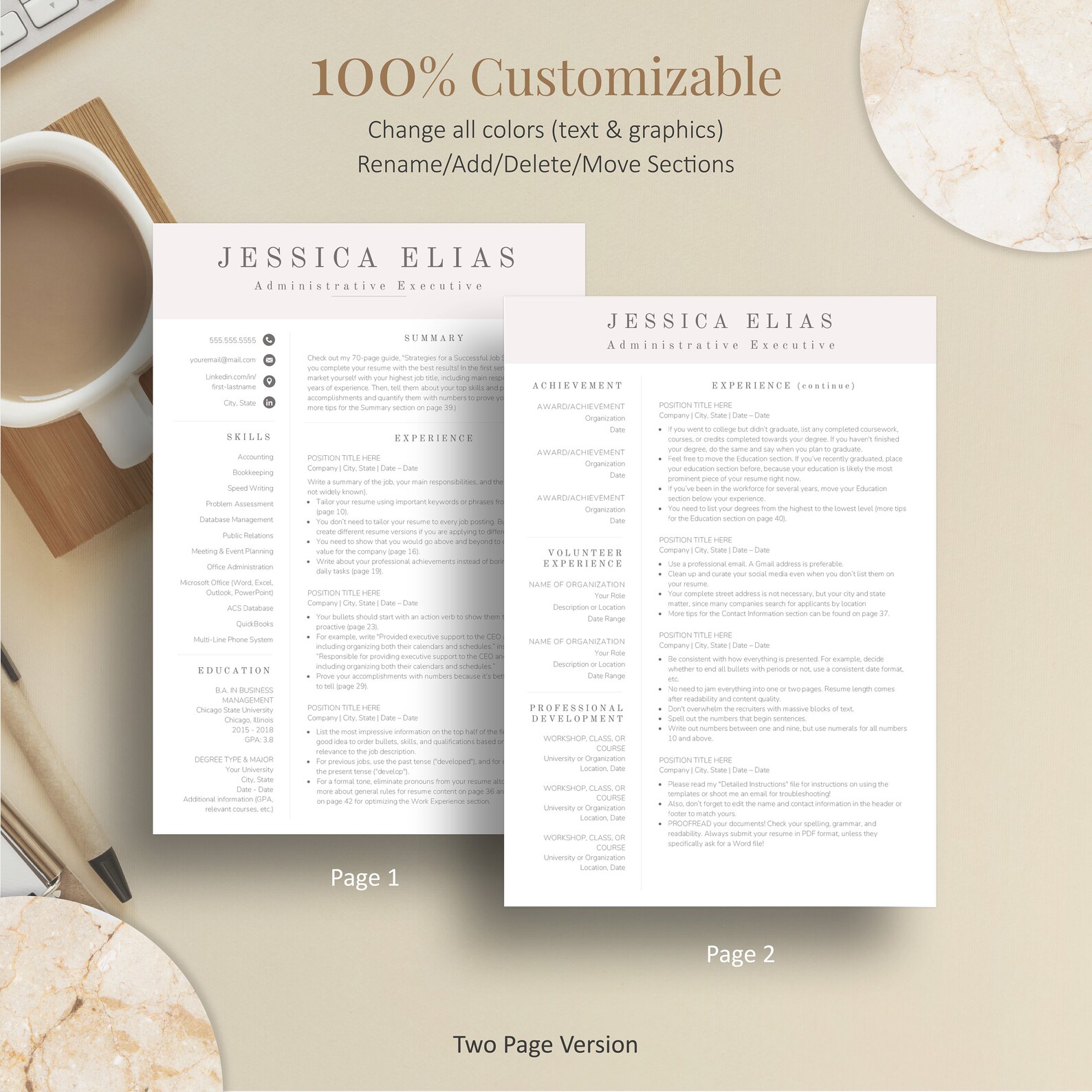 Secretary Resume Template for Word and Google Docs 1 2 & 3 - Etsy