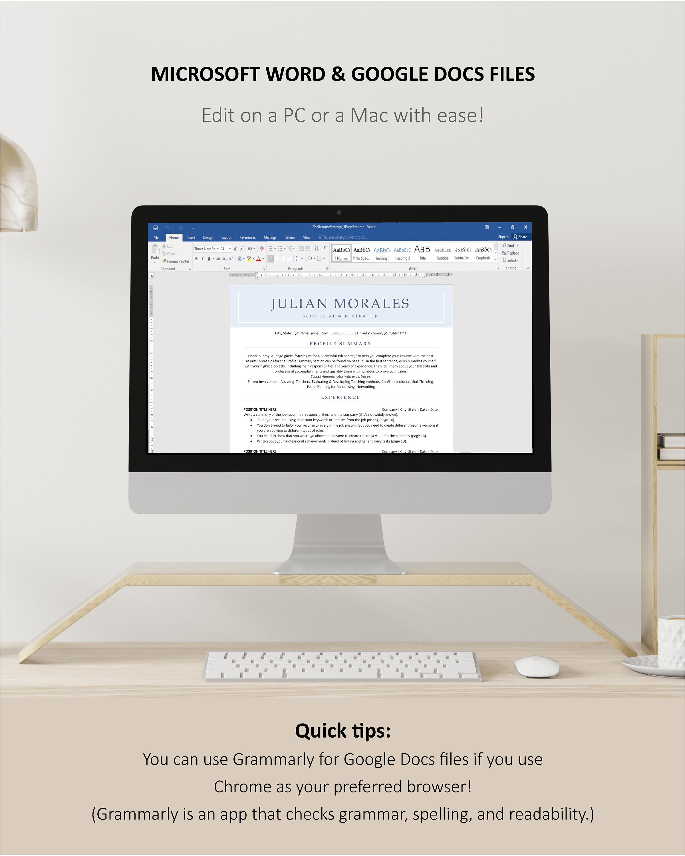 ATS Resume Template Google Docs & Word School Administrator - Etsy