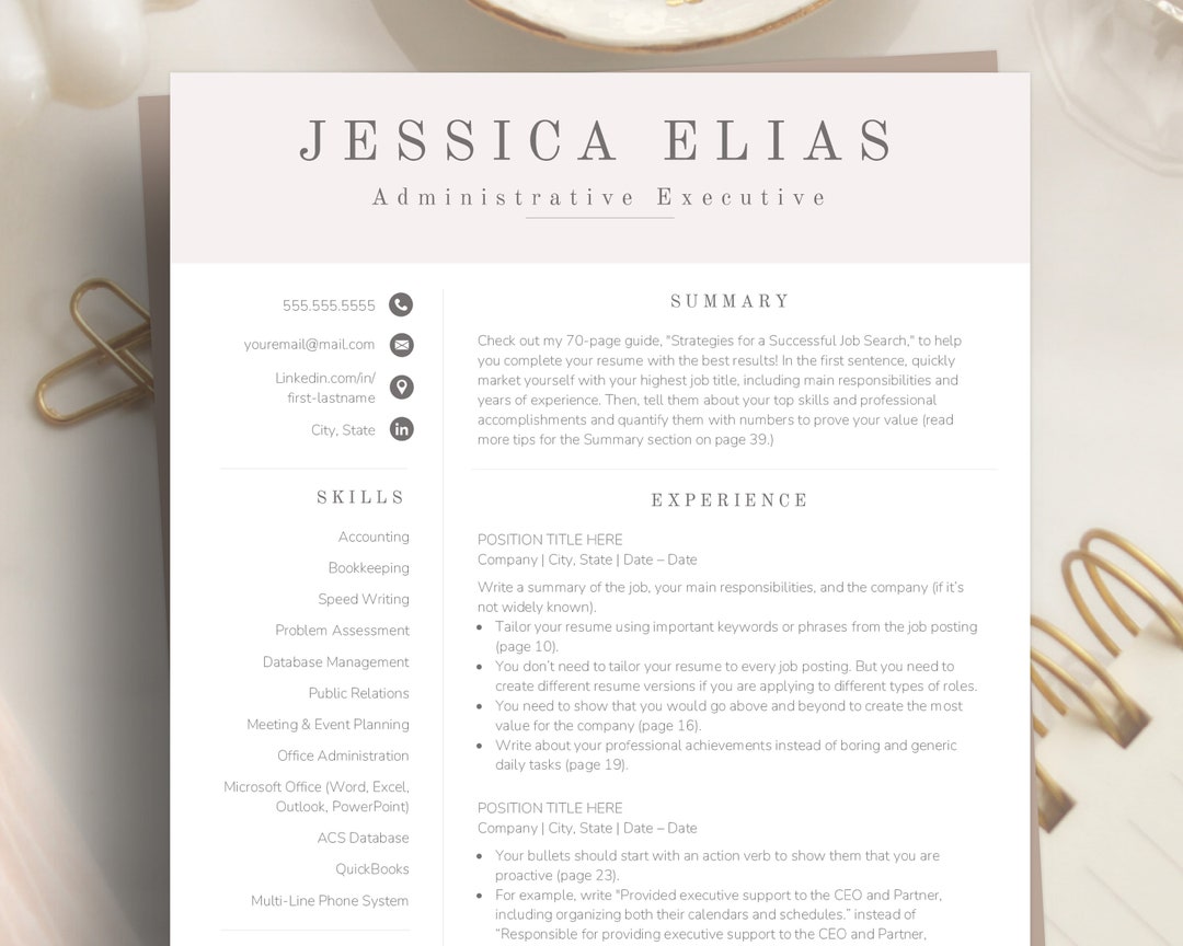 Secretary Resume Template for Word and Google Docs | 1, 2 & 3 Page ...