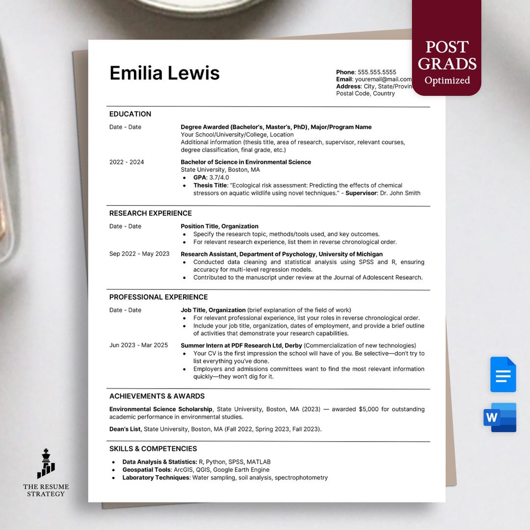 Postgraduate Resume Template, Phd Master's Application CV, Statement of ...