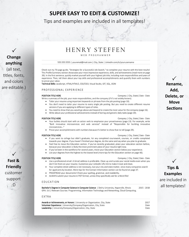 ATS Resume Template for Tech IT Software Engineer Tech | Etsy