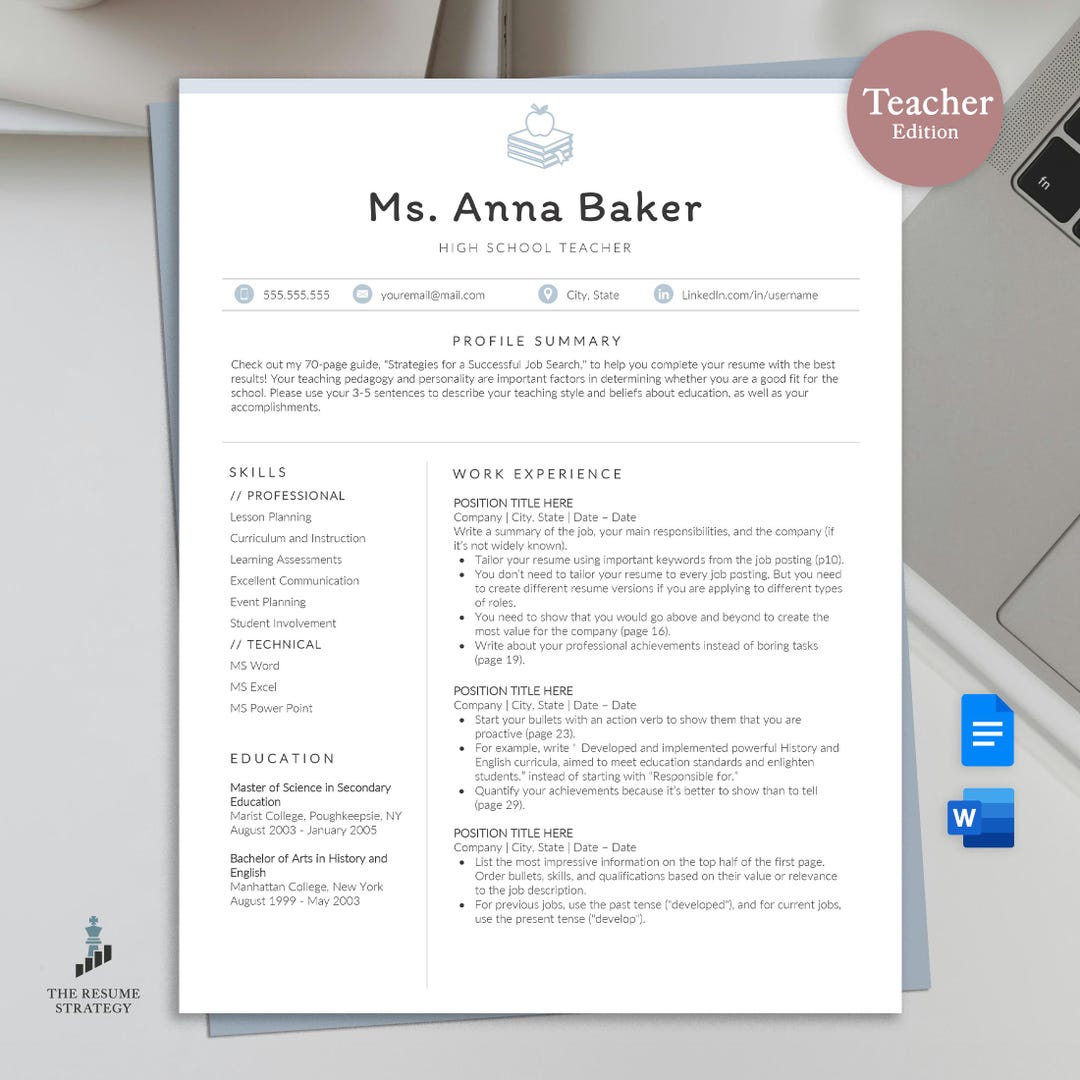 Teacher Resume Template: Modern CV Design for Word & Google Docs - Etsy