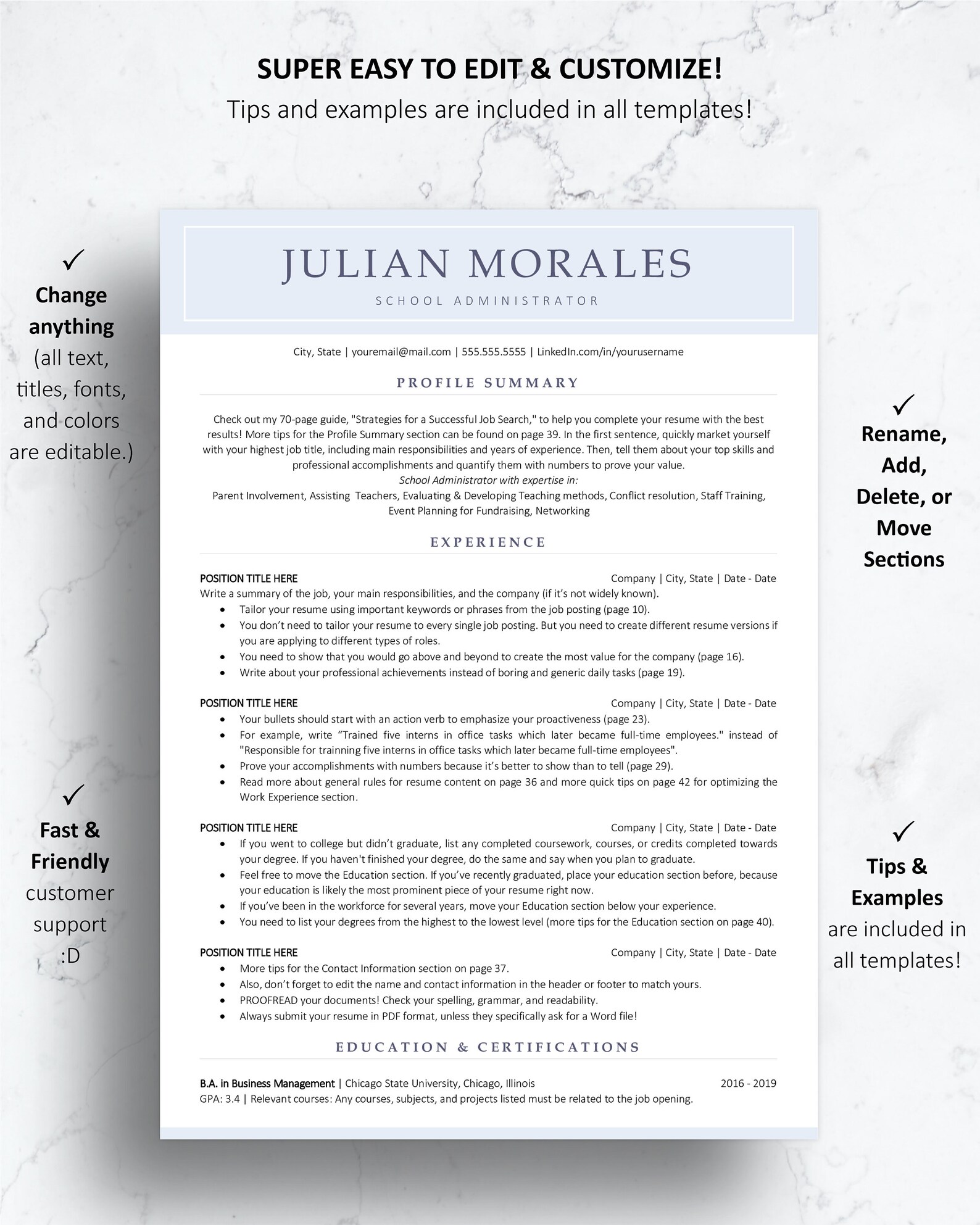 ATS Resume Template Google Docs & Word School Administrator - Etsy