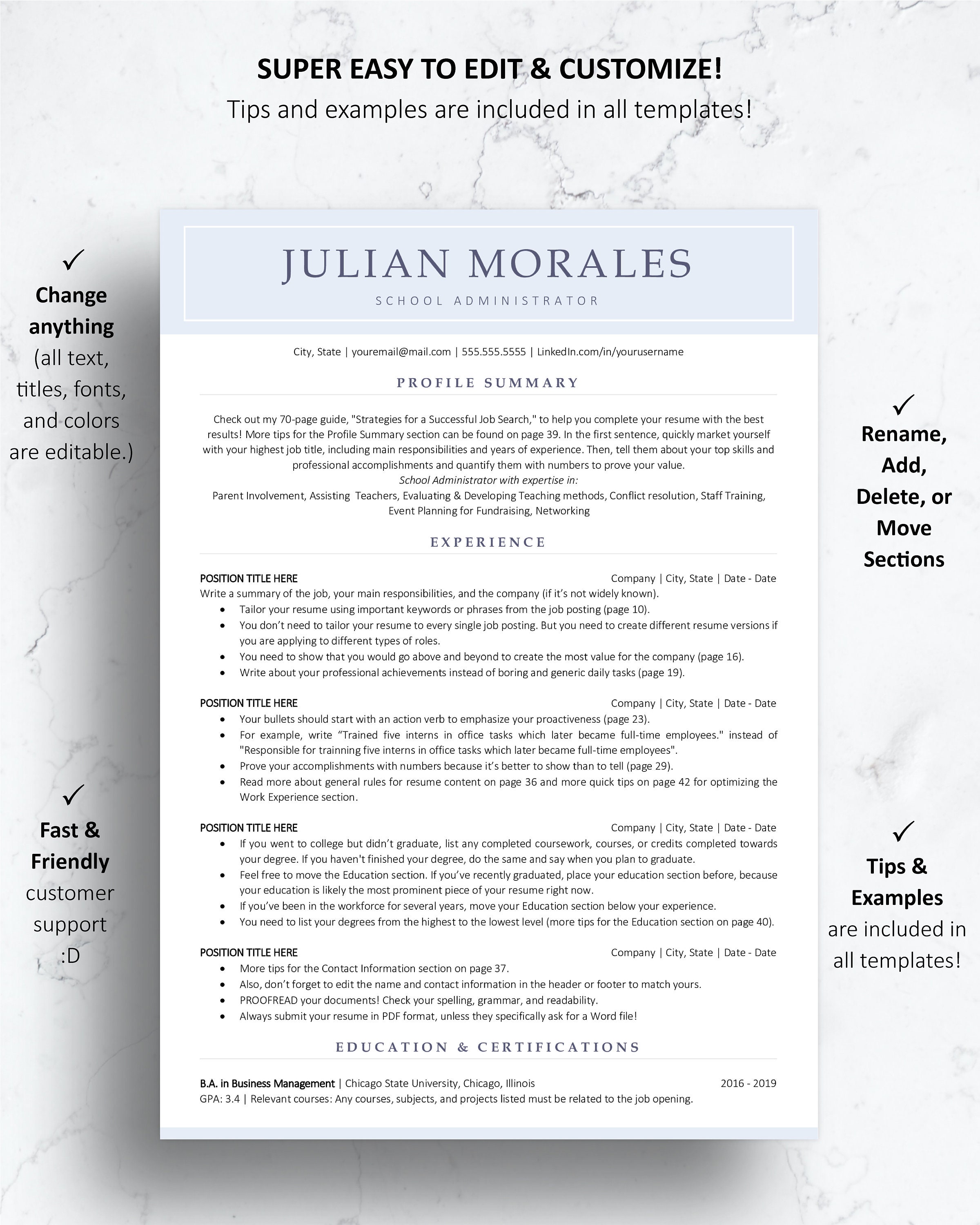 ATS Resume Template Google Docs & Word School Administrator - Etsy