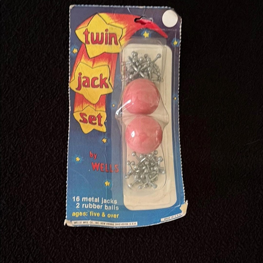 Vintage Twin Jack Set With Pink Balls. 2 Balls and 16 Jacks. Package is ...