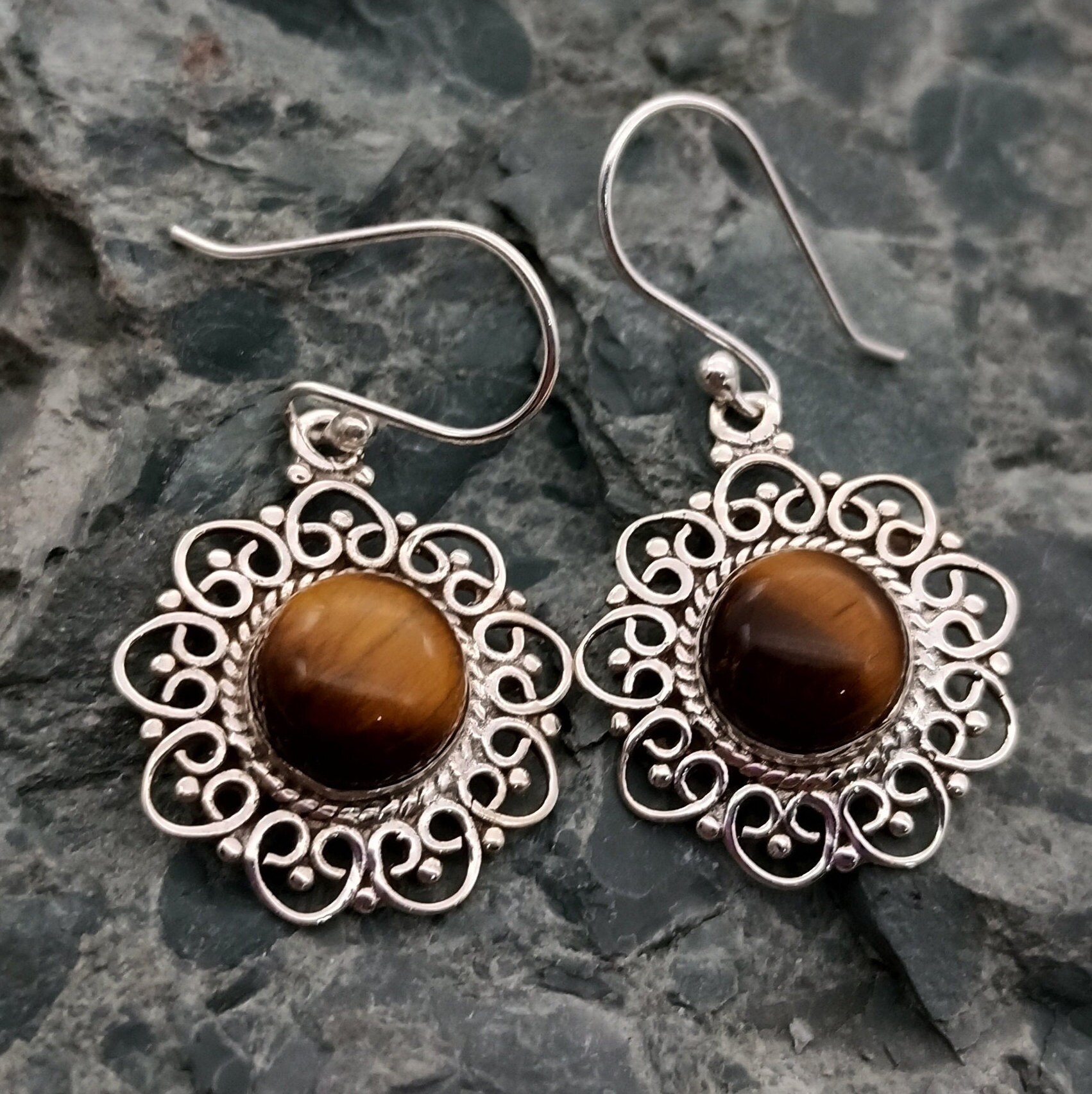 Tiger Eye Bohemian Filigree Hoop Earrings, 50% OFF