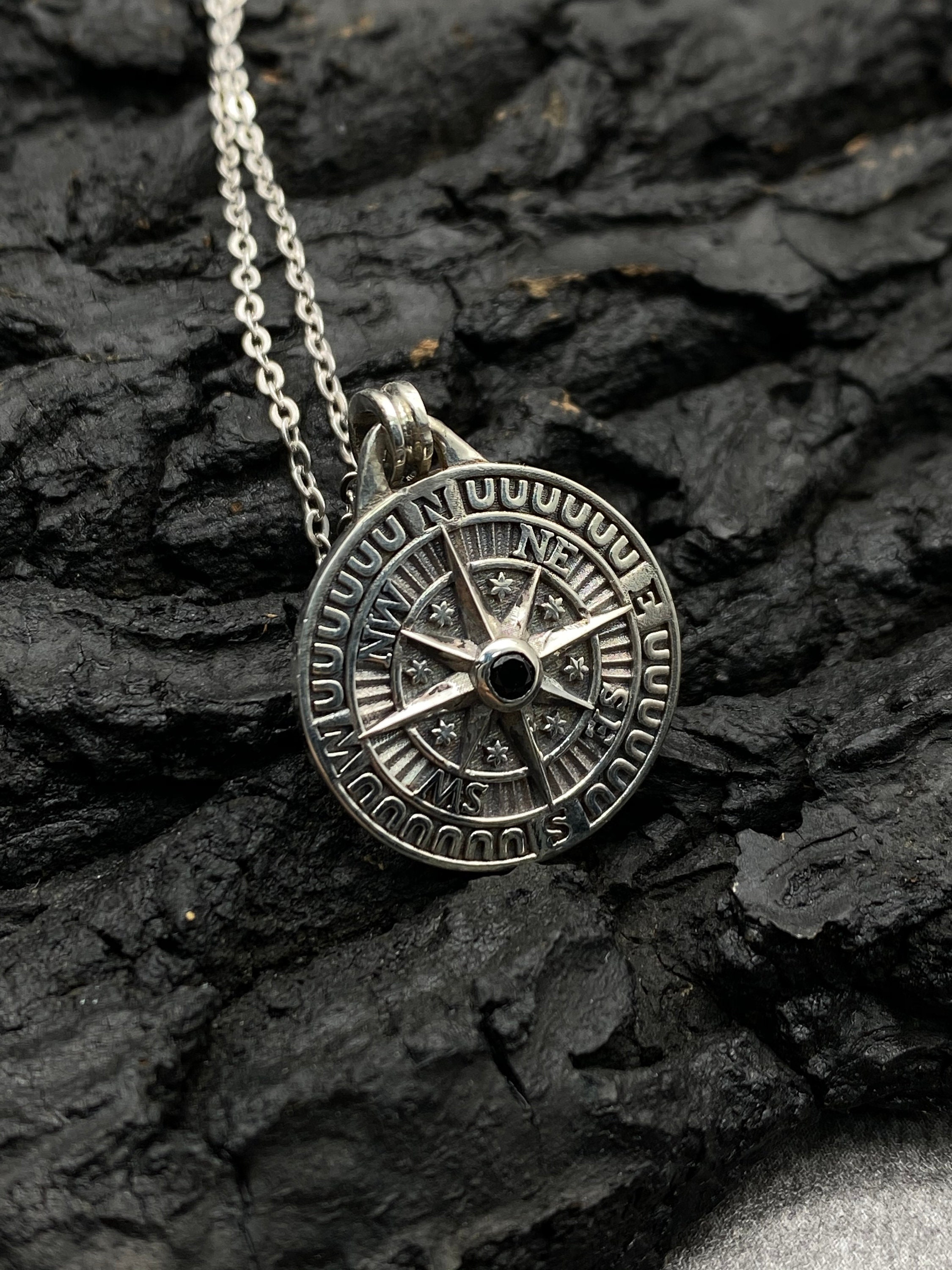 Compass Pendant Engraved Pendant Sterling Silver 925 Neckalce Etsy