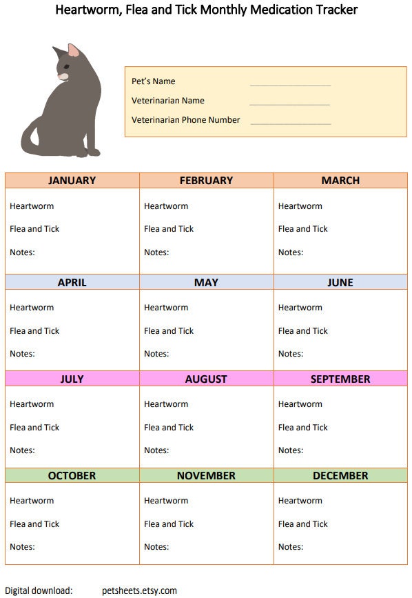 Printable Cat Flea and Tick Tracker, Pet Care Planner, Heartworm ...