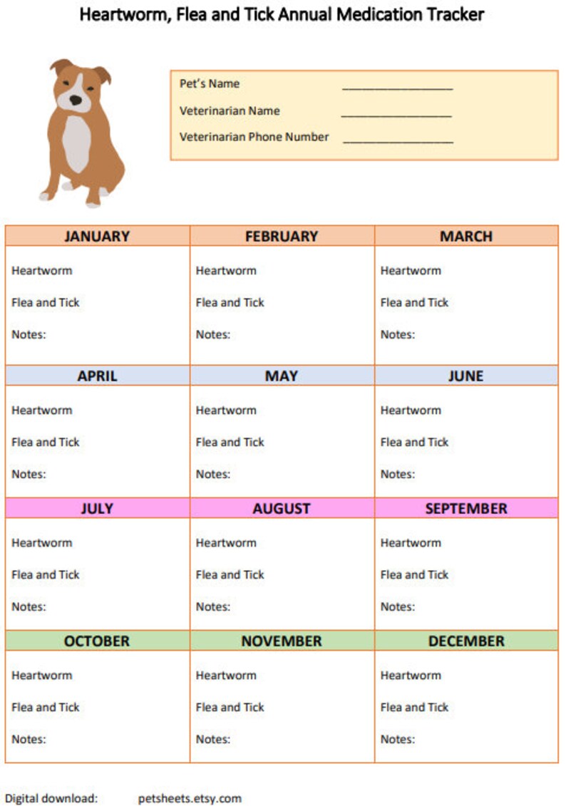 Printable Dog Flea and Tick Tracker, Pet Care Planner, Heartworm ...