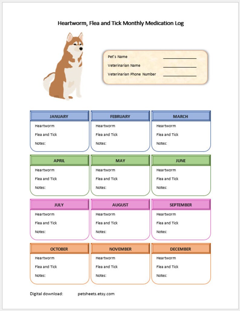 Printable Dog Flea and Tick Tracker, Husky Pet Care Planner, Heartworm ...