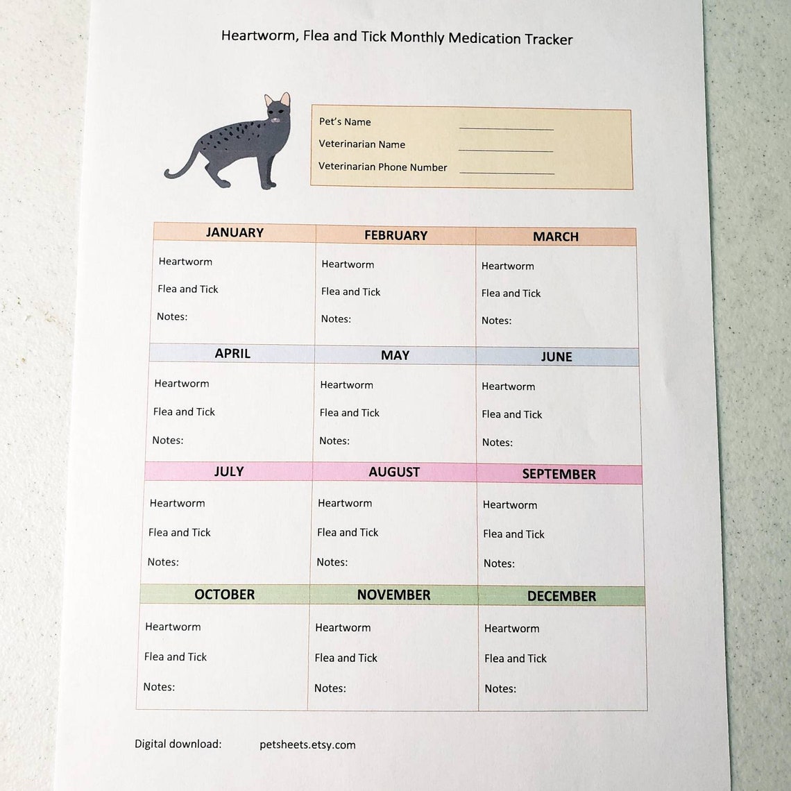 Printable Cat Flea and Tick Tracker, Pet Care Planner, Heartworm ...