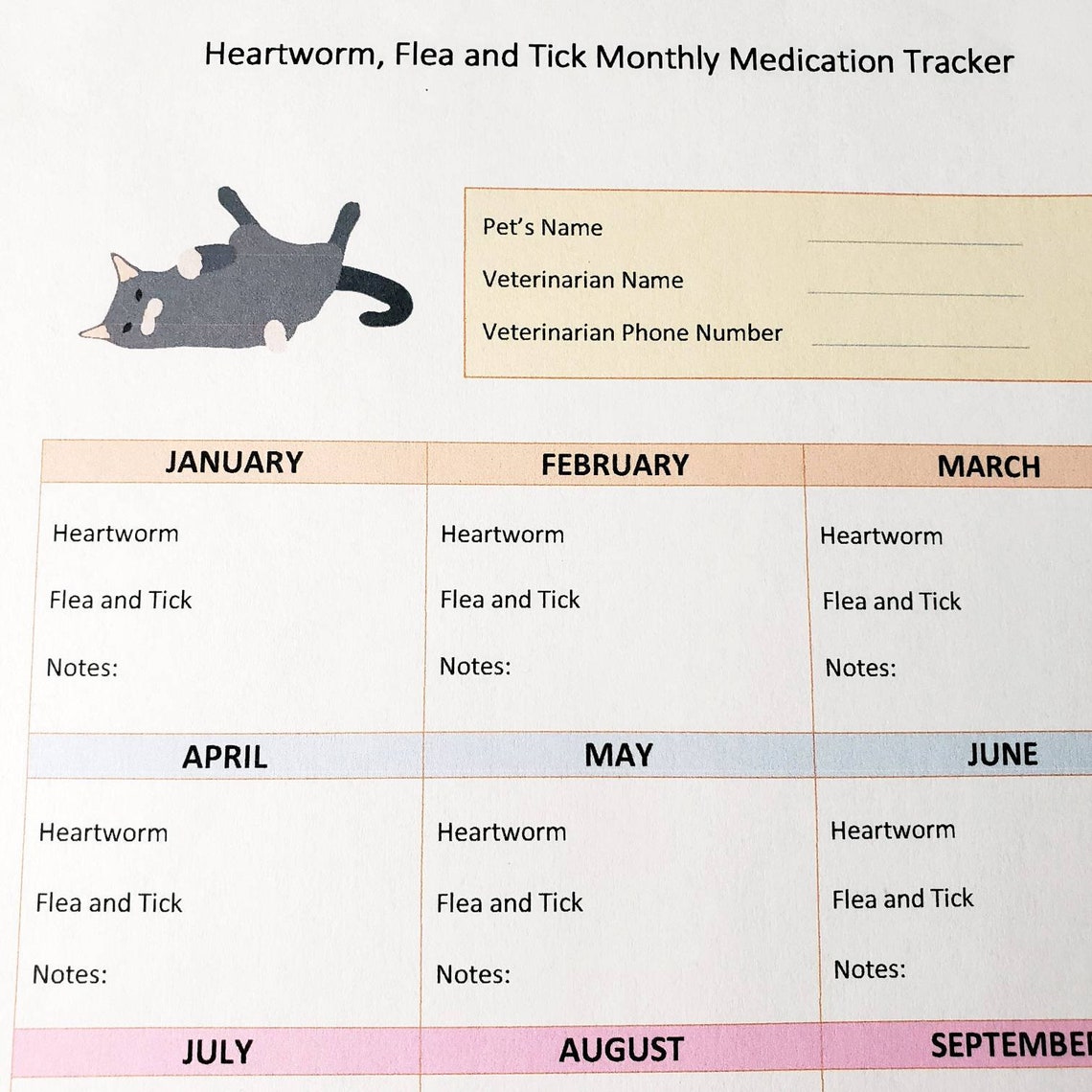 Printable Cat Flea and Tick Tracker, Pet Care Planner, Heartworm ...