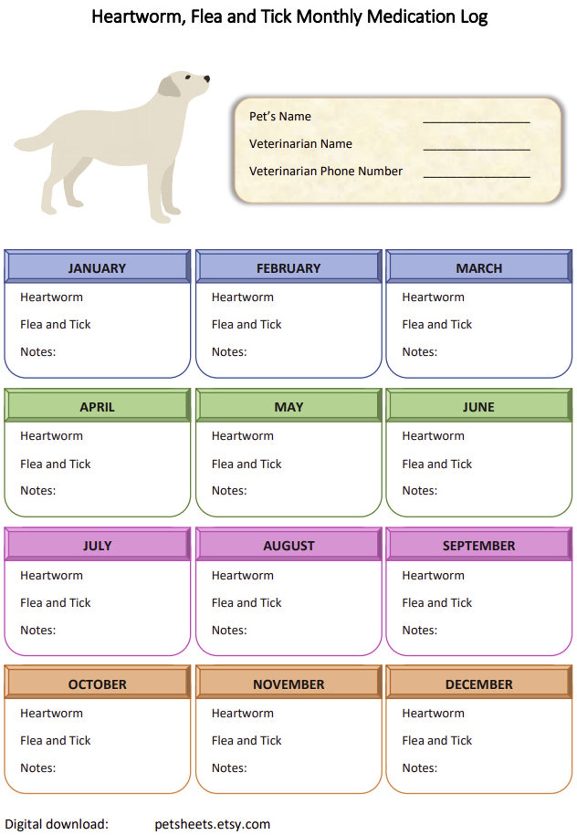 Pet Planner, Printable Labrador Flea and Tick Tracker, Pet Care Planner ...
