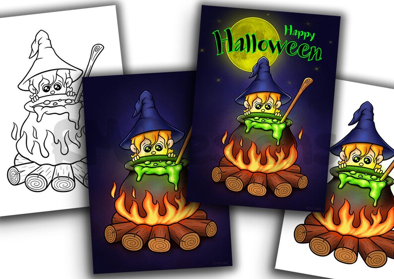 Printable Spooky Halloween Card Sticker Coloring Page - Etsy