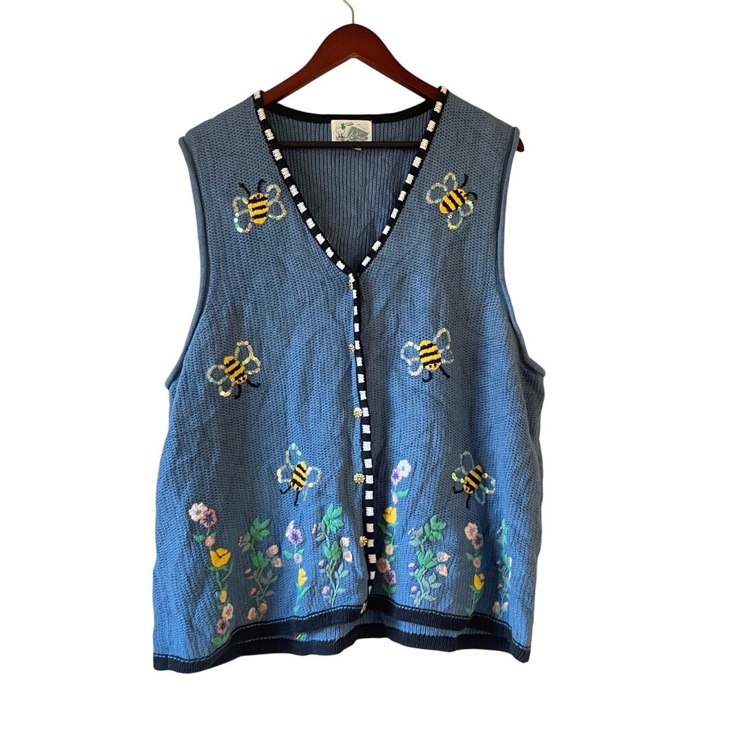 Vintage the Quaker Factory Blue Bee Floral Embroidered Vest Women's 2X ...