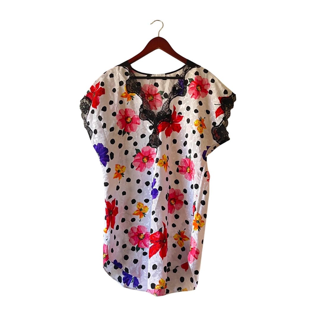 Vintage Lucie Ann II White Floral Polka Dot Lace Trim Nightgown USA ...
