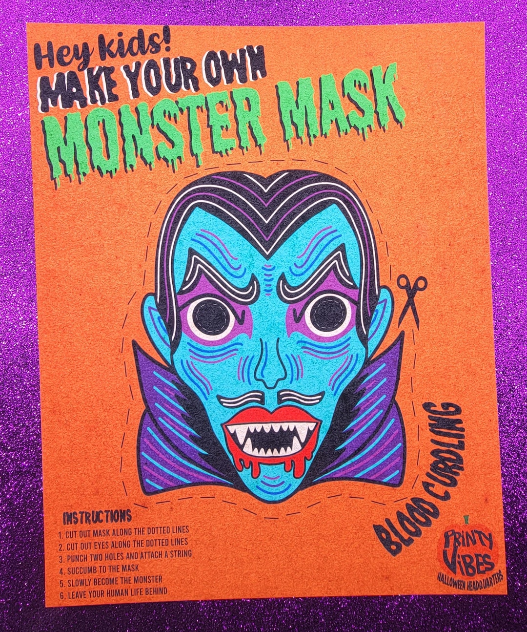 Retro Monster Mask Vampire Art Print 8x10, Vintage Halloween, Retro ...