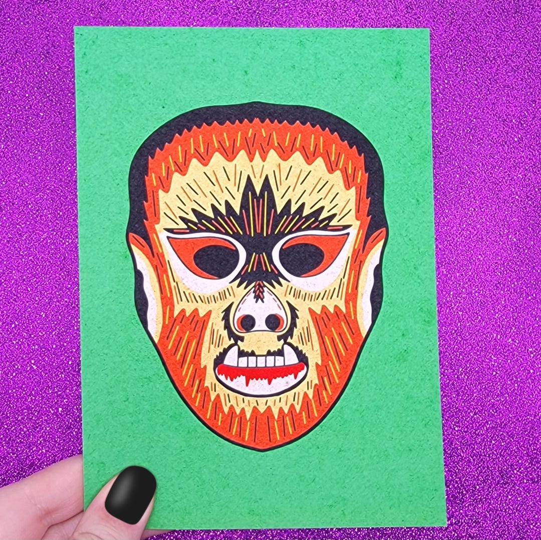 Retro Wolfman Monster Mask Art Print 5"x7" - Etsy