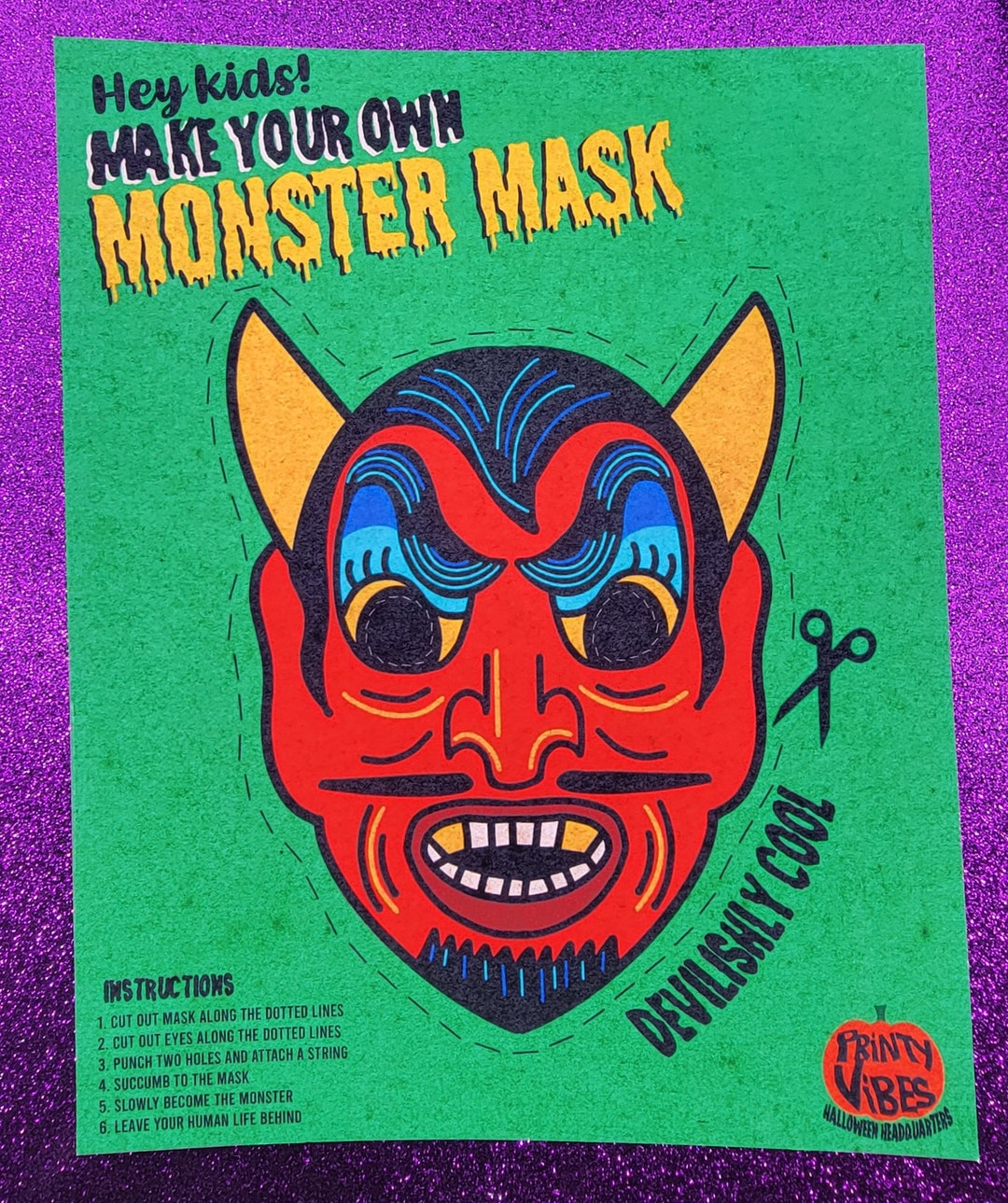 Retro Monster Mask Devil Art Print 8x10, Vintage Halloween, Retro ...