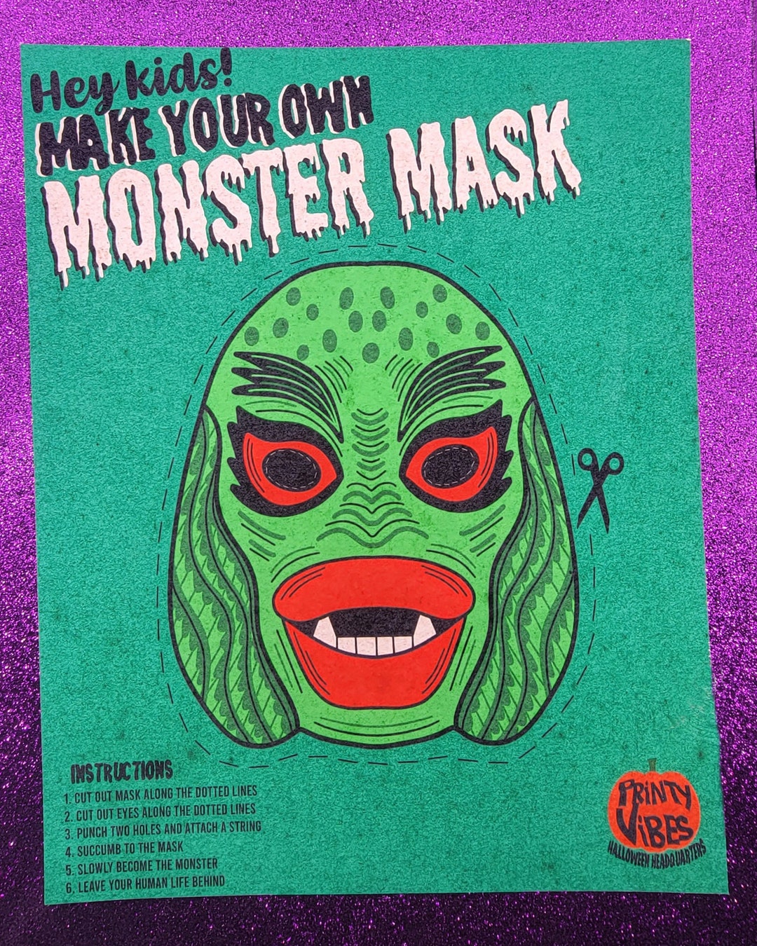 Retro Monster Mask Creature Art Print 8x10, Vintage Halloween, Retro ...