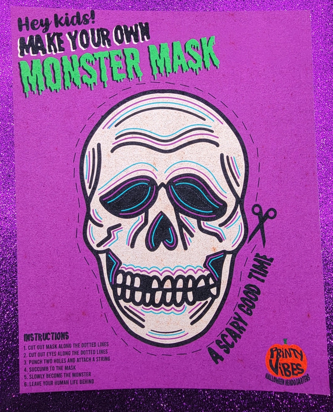 Retro Monster Mask Skull Art Print 8x10, Vintage Halloween, Retro ...