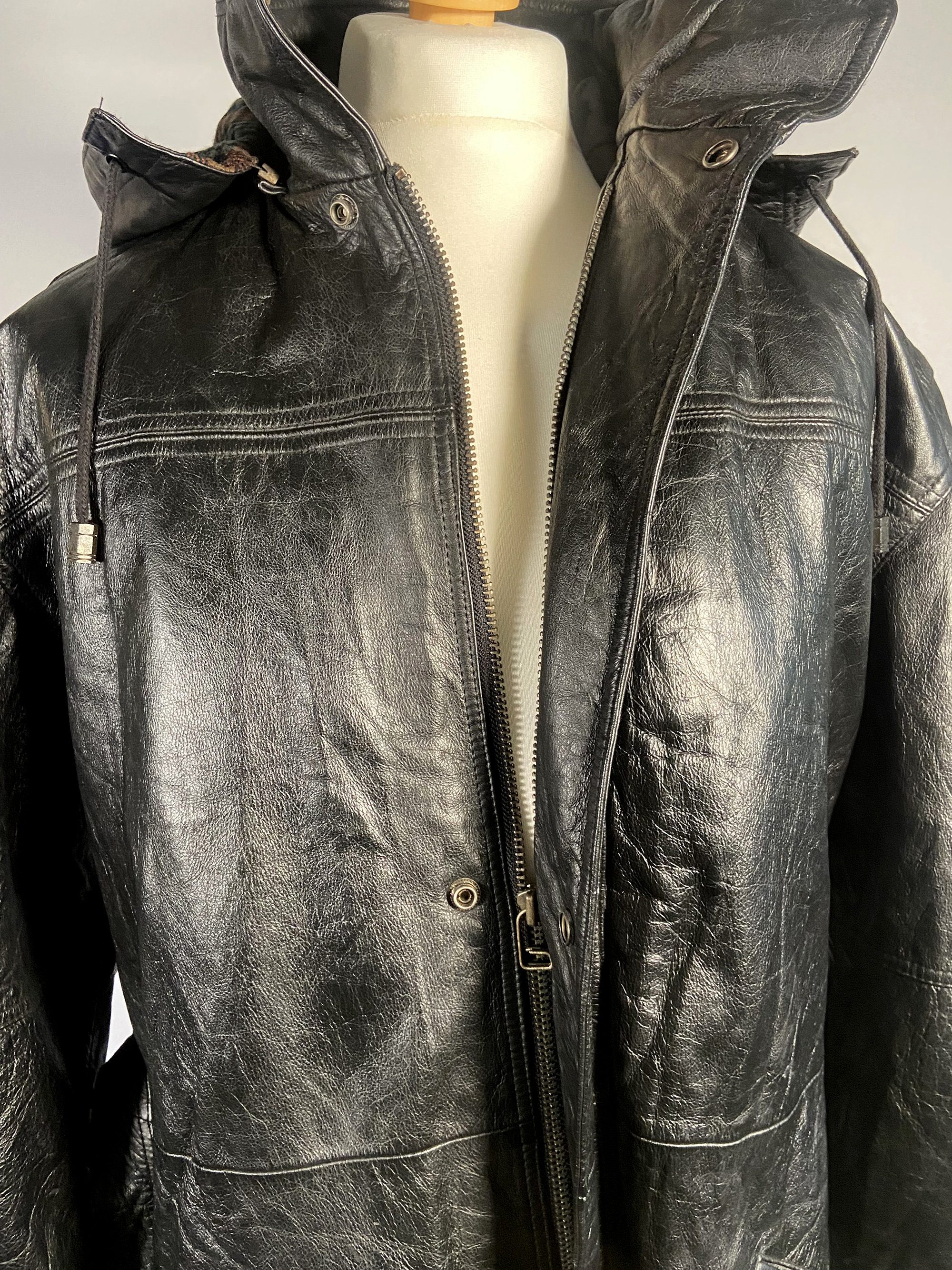 1990s Black Knee Length Leather Coat With Hood by Lucky Leather - Etsy