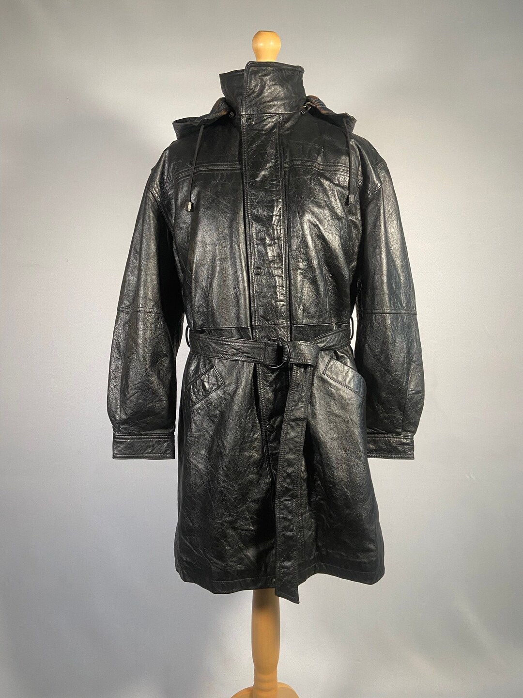 1990s Black Knee Length Leather Coat With Hood by Lucky Leather - Etsy
