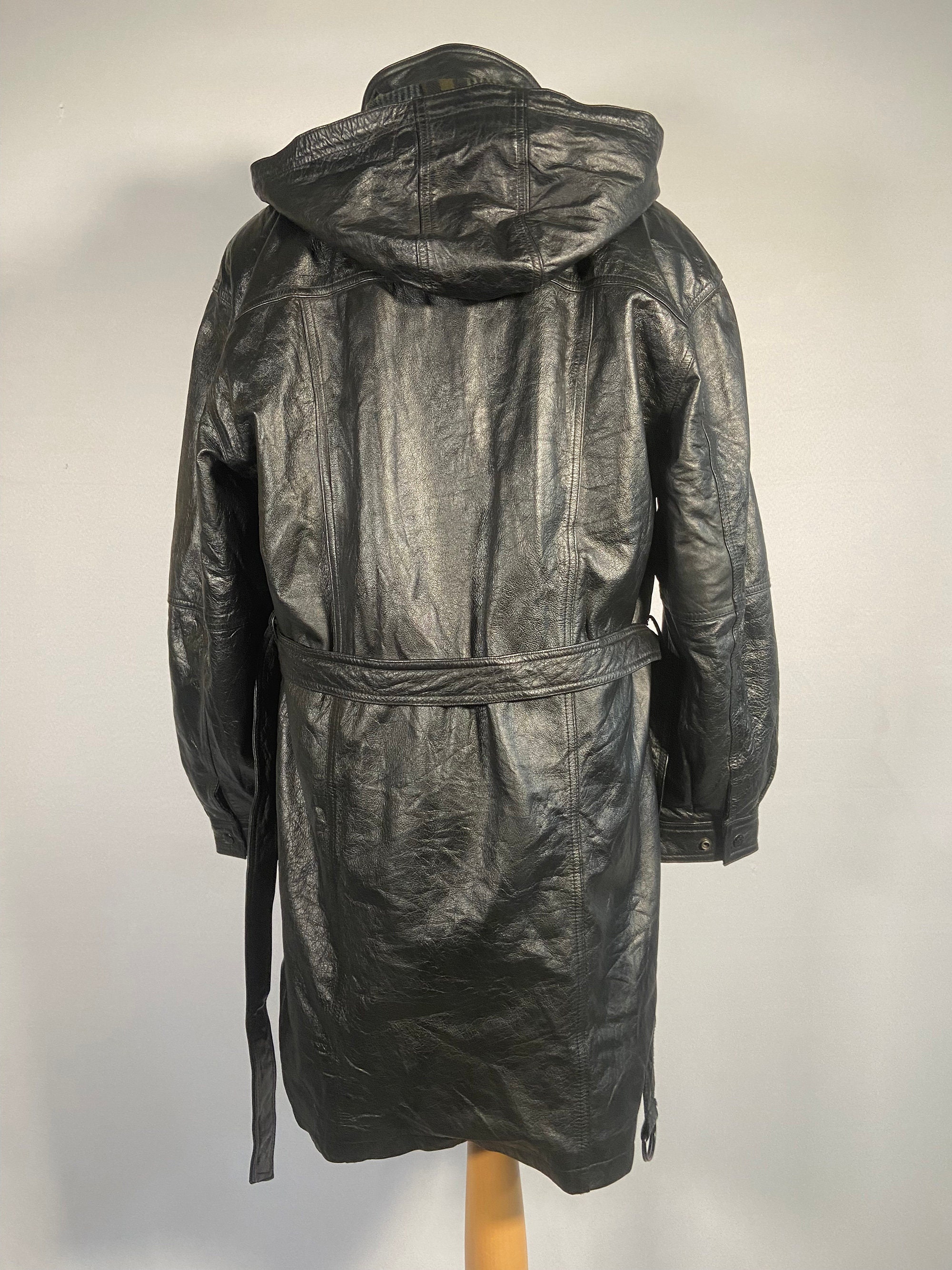 1990s Black Knee Length Leather Coat With Hood by Lucky Leather - Etsy