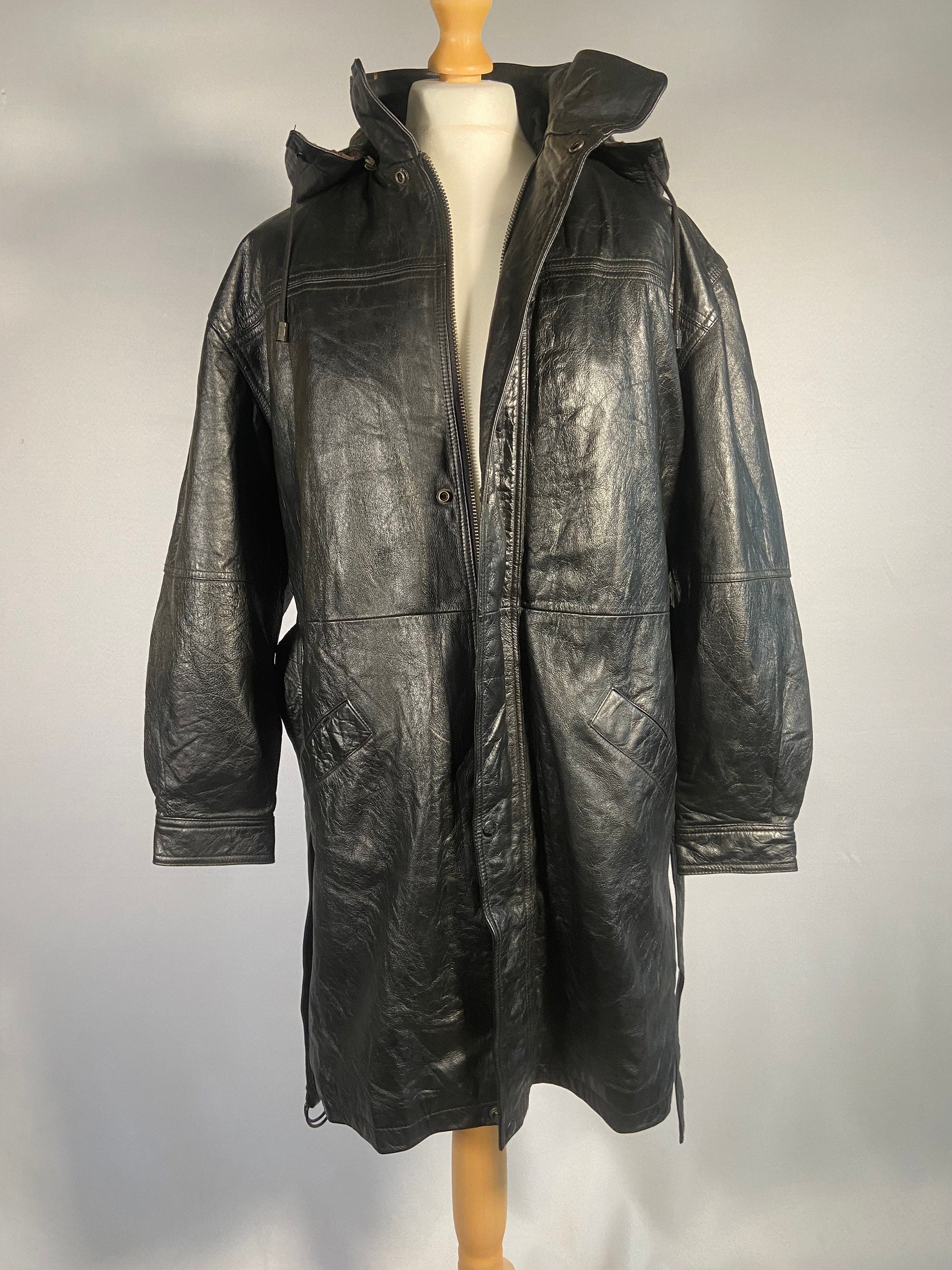 1990s Black Knee Length Leather Coat With Hood by Lucky Leather - Etsy