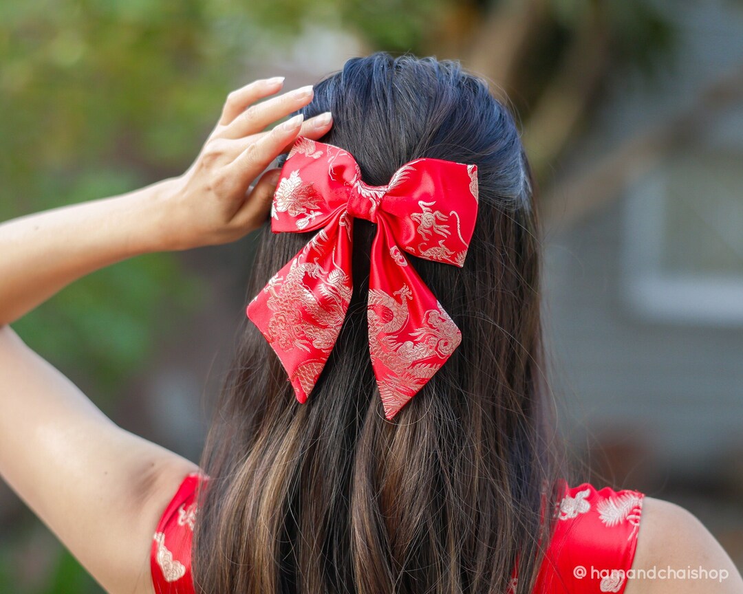Lunar New Year Red and Gold Dragon Phoenix Embroidered Brocade Hair Bow ...