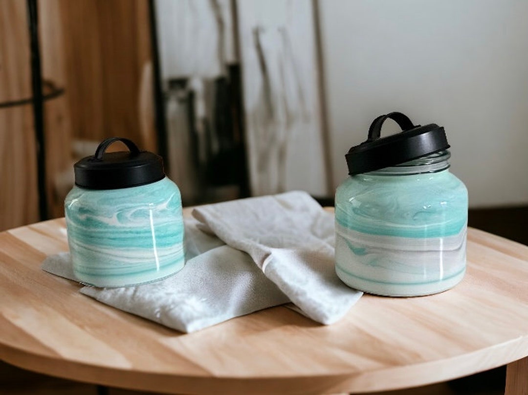 Glass Jars With Lids, Set of 2, Fluid Acrylic Handpainted With Lids ...