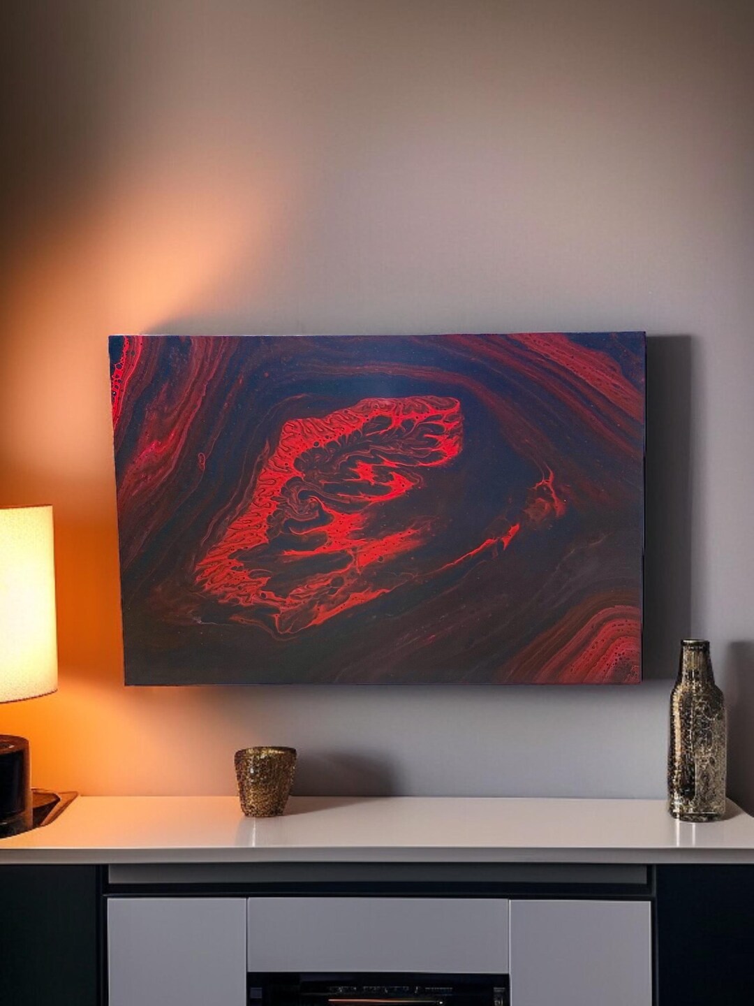 Red and Black Acrylic Pour Abstract Painting on 24x36 Stretch Canvas ...