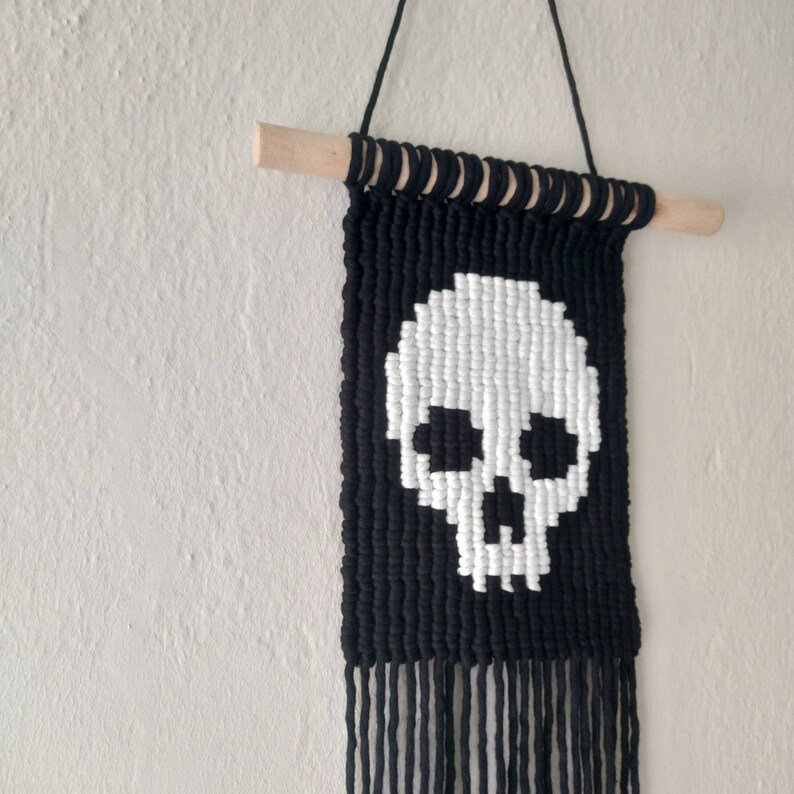 Skull & Fringes Unique Macrame Halloween Accent, Spooky Chic Handcrafted Fiber Art Halloween ...