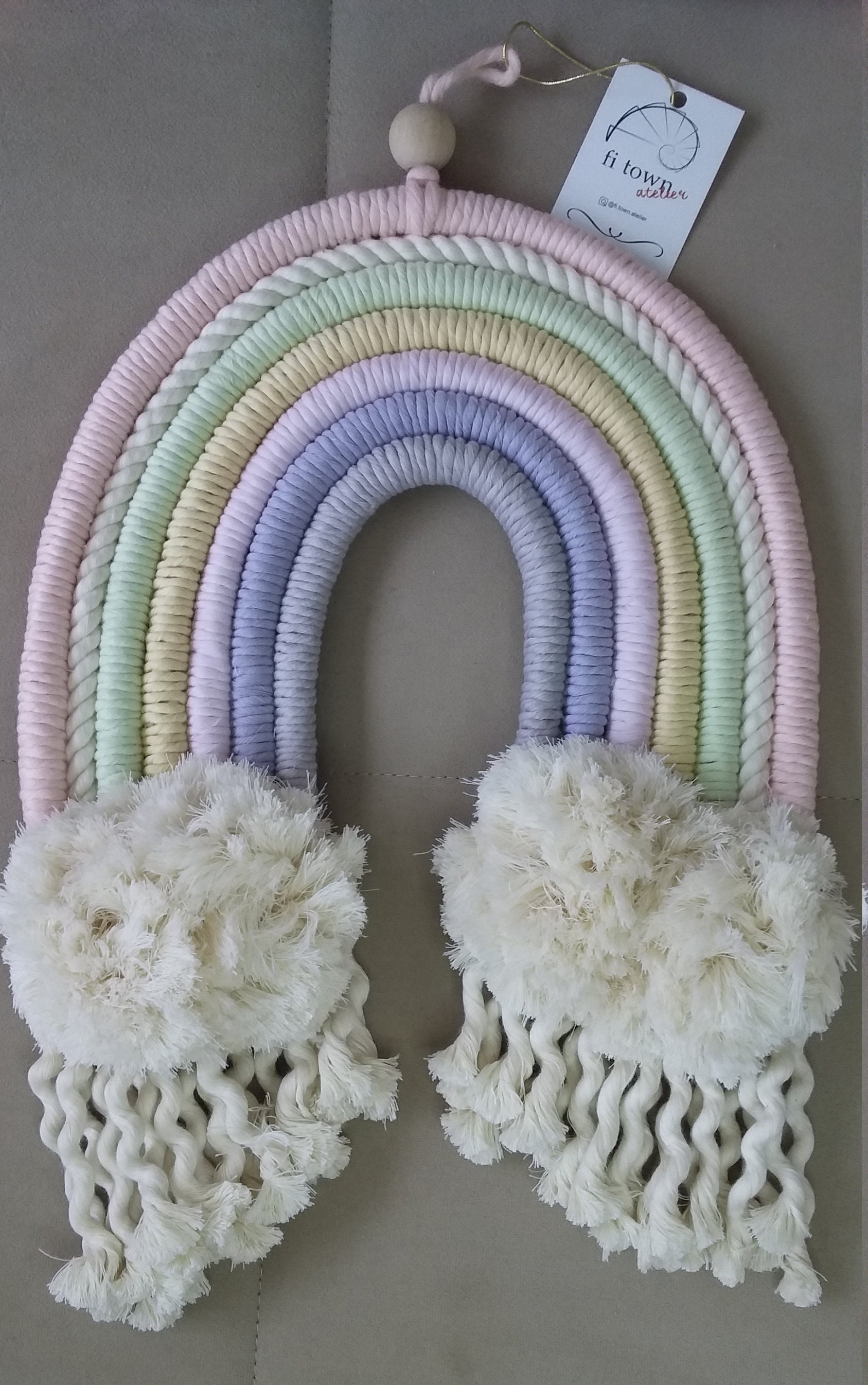 Large Macrame Rainbow Wall Hanging With Big Pompoms, Pastel Colored ...