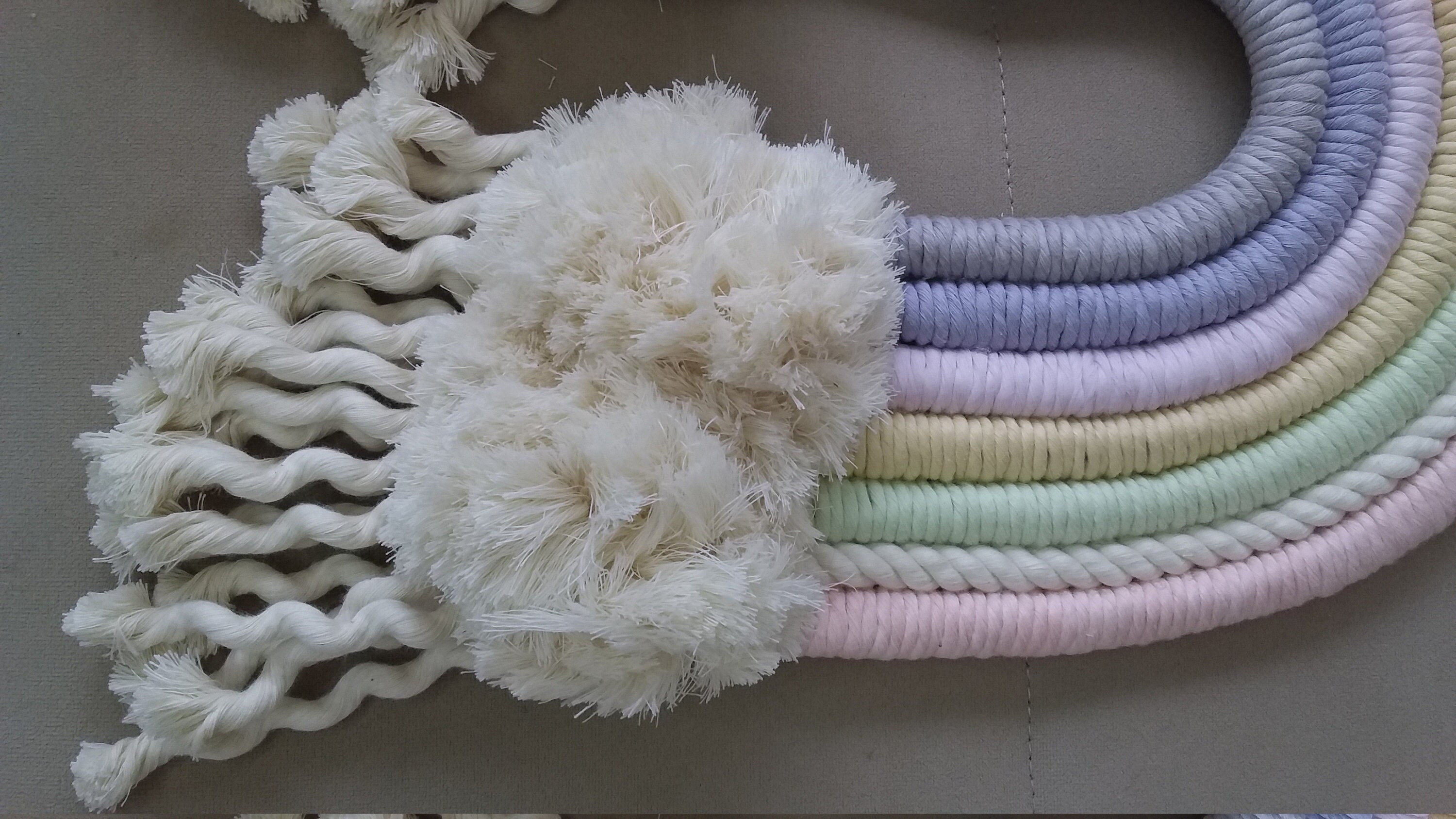 Large Macrame Rainbow Wall Hanging With Big Pompoms, Pastel Colored ...