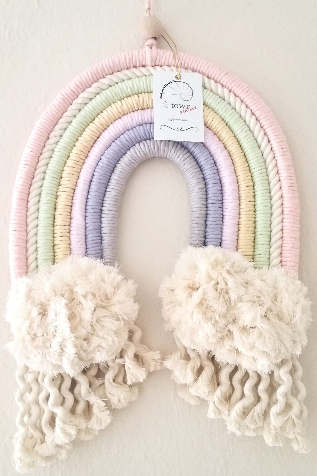 Large Macrame Rainbow Wall Hanging With Big Pompoms, Pastel Colored ...