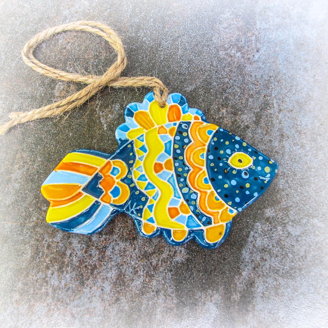 Ceramic Fish Wall Decor,yellow Blue Fish Ornament,ceramic Fish Wall Art ...