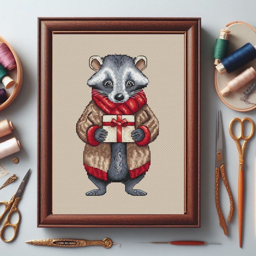 Christmas Badger Cross-stitch Pattern, Cute Animal With Gift Design ...