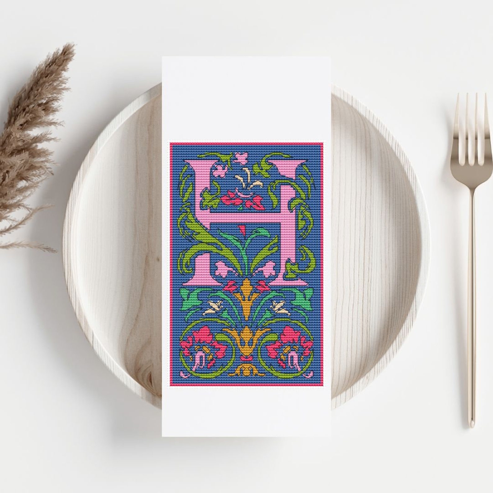 Letter H Monochrome Cross Stitch Pattern, Floral Monogram Font X-stitch ...