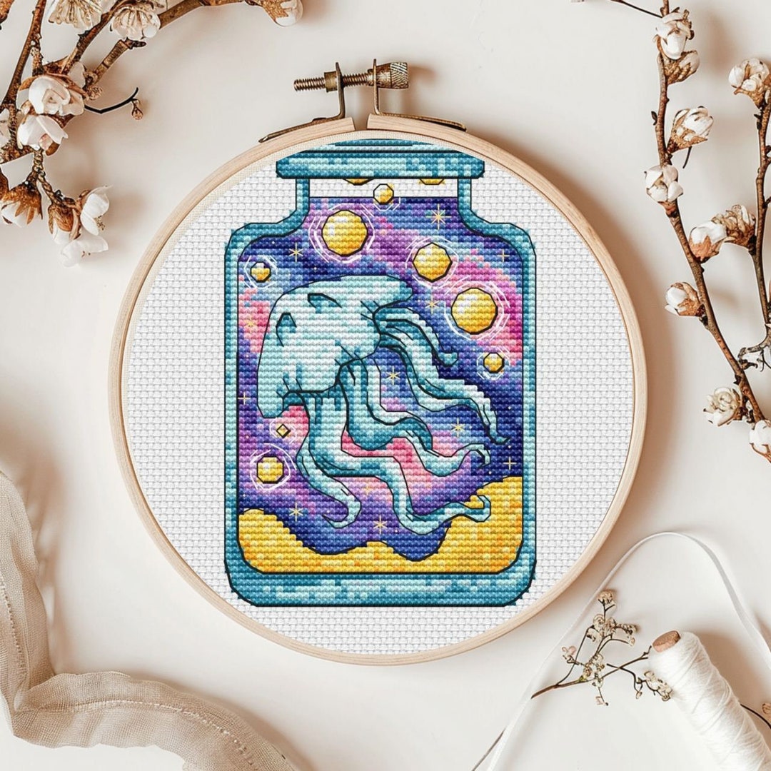 Jellyfish in a Jar Cross-stitch Pattern, Sea Jellies Watercolor Cross ...