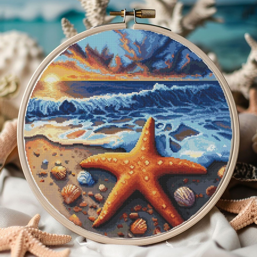 Starfish on the Ocean Shore Cross Stitch Pattern, Sea Wave and Beach ...