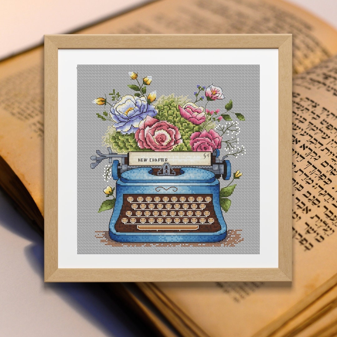 Floral Typewriter Cross Stitch Pattern, Vintage Typewriter X-stitch ...