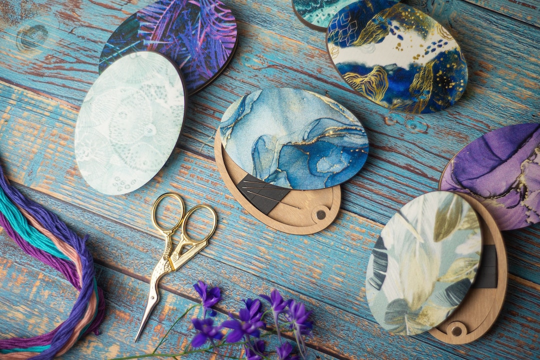 Abstract Blue Magnet Needle Minder, Wooden Needlework Tool Organizer ...